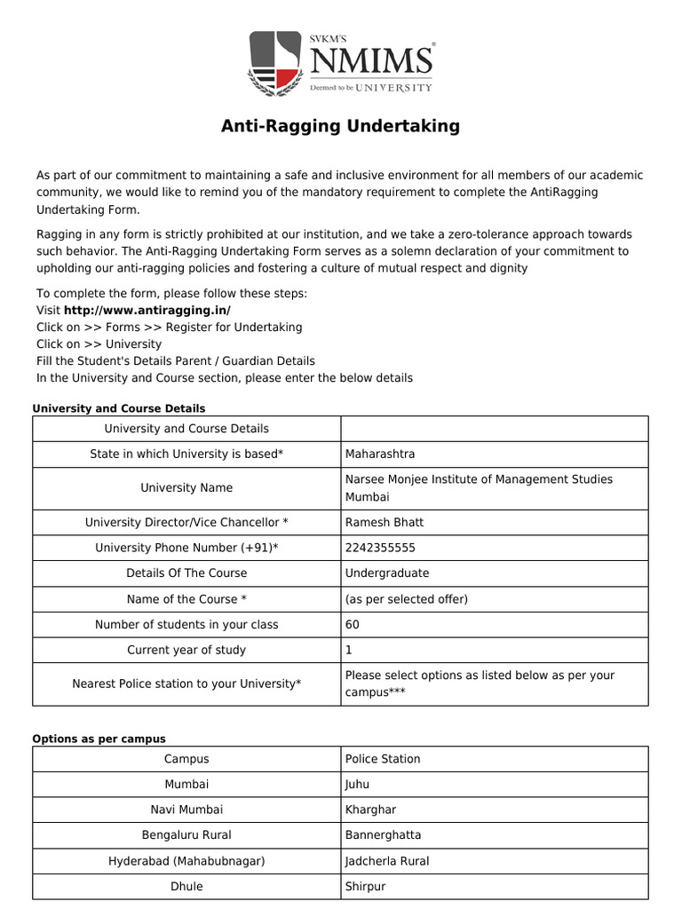 Anti-Ragging Undertaking Instructions | PDF