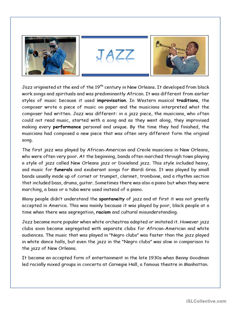 Jazz - Reading Comprehension & Vocabulary | PDF | Jazz | Performing Arts