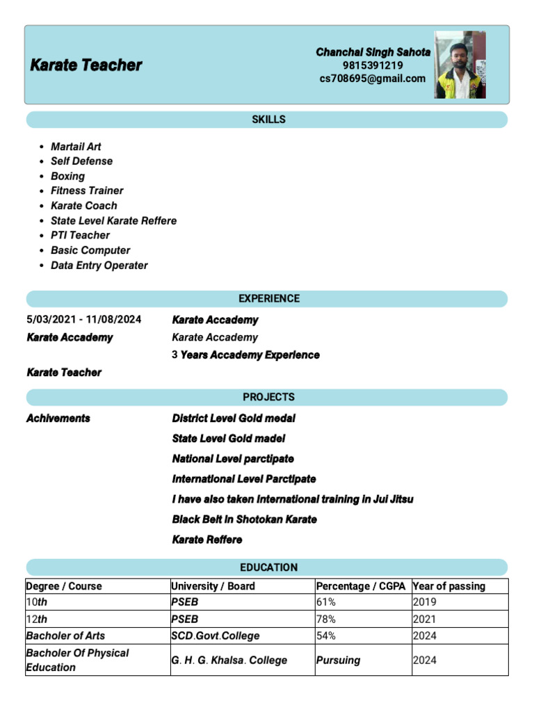 Karate Teacher Resume and Skills | PDF