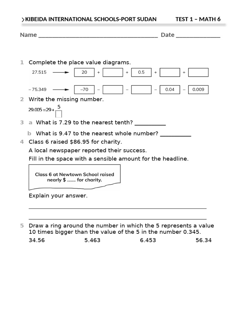 Grade 6 Test 1 | PDF