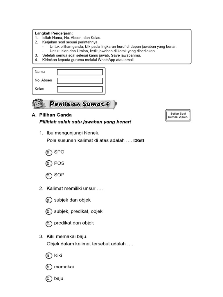 SD Bahasa Indonesia 2 Penilaian Sumatif 2 | PDF