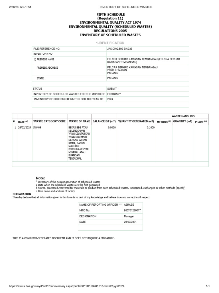 Iventory of Scheduled Waste | PDF | Pollution | Waste