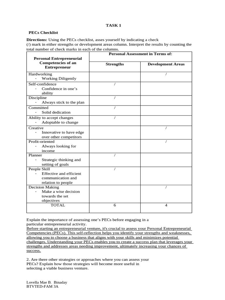 PECs Checklist Task Home - Economics | PDF | Entrepreneurship | Employment