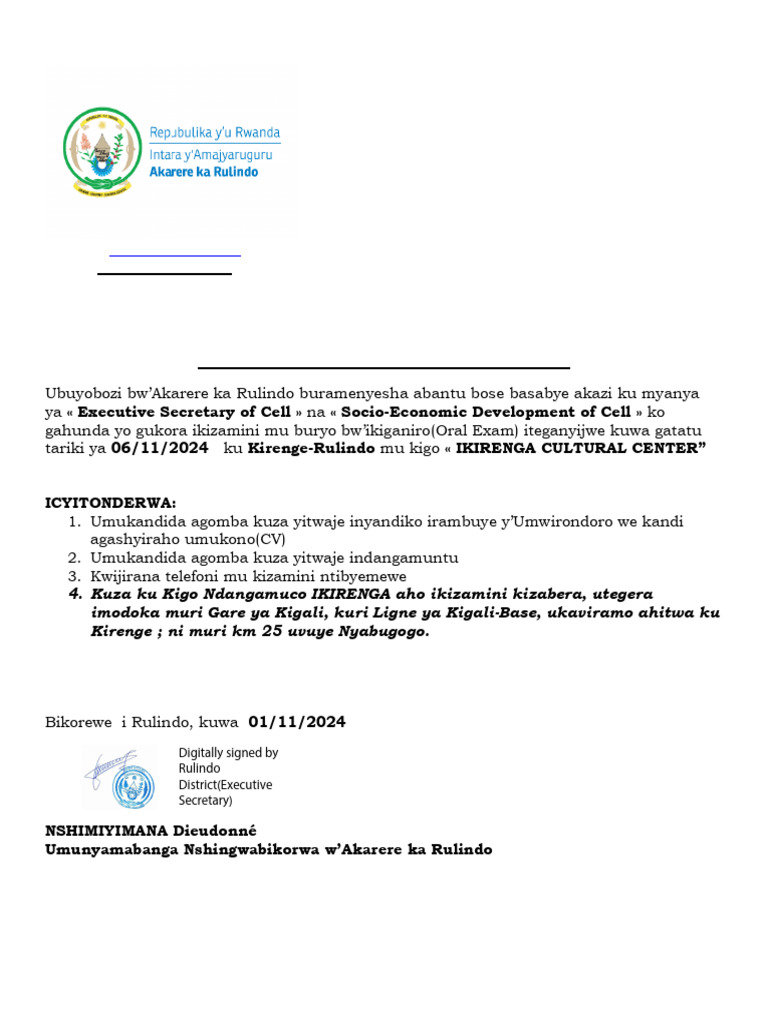 Itangazo Ry Akazi Ku Buryo BW Ikiganiro Nov 2024 | PDF