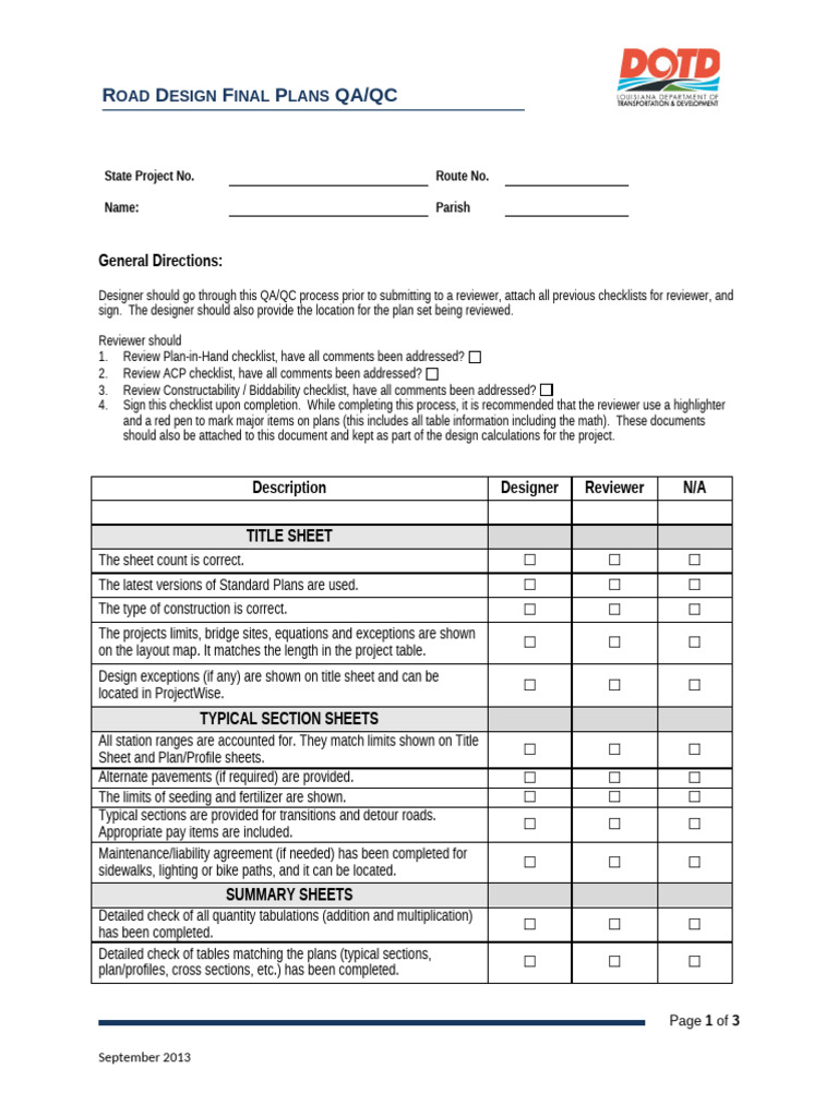 Final Plans QC Review Checklist | PDF | Road | Drainage