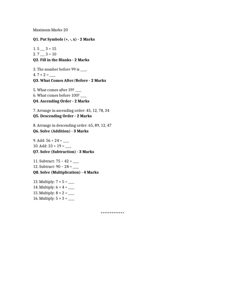 Class 1st Mathematics (UT-II) | PDF