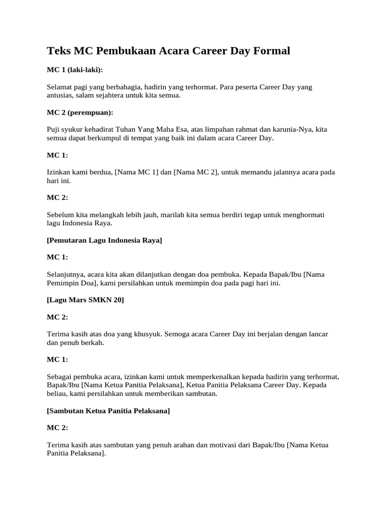 Teks MC Pembukaan Acara Career Day Formal | PDF