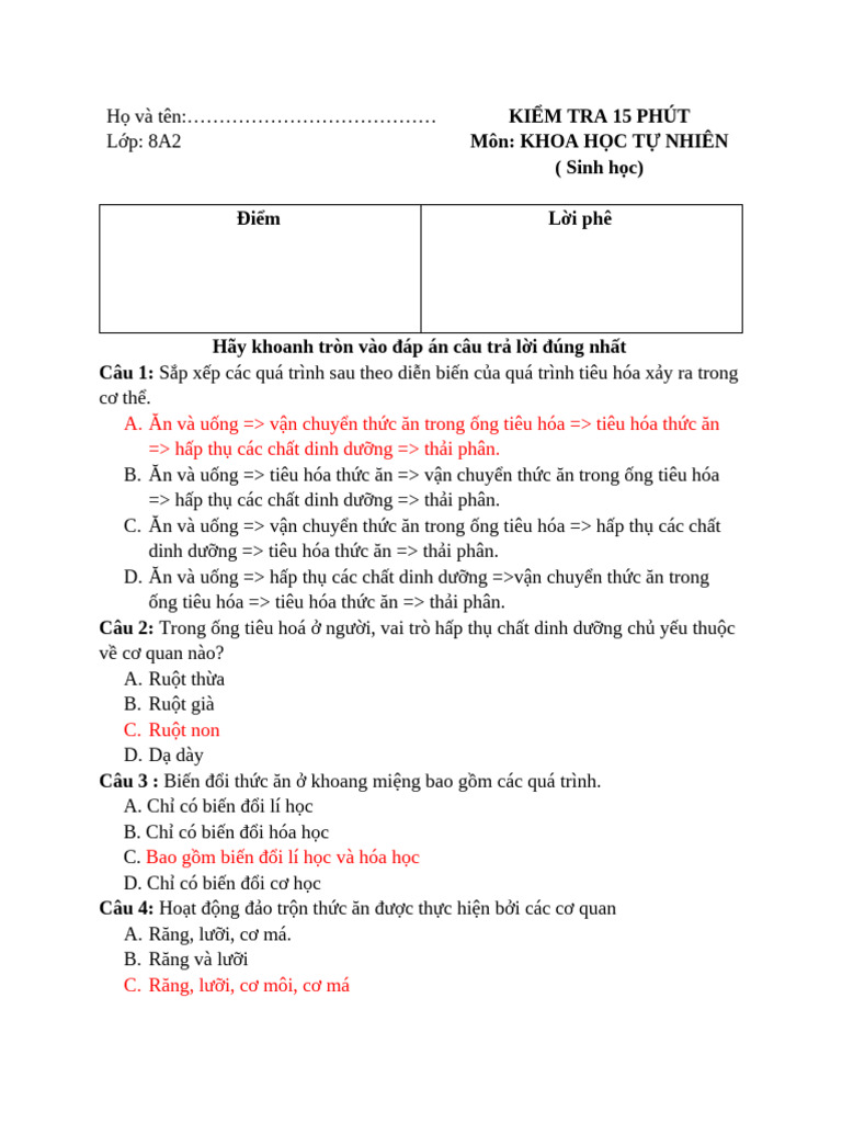 ĐỀ KTRA 15 SINH 8 | PDF