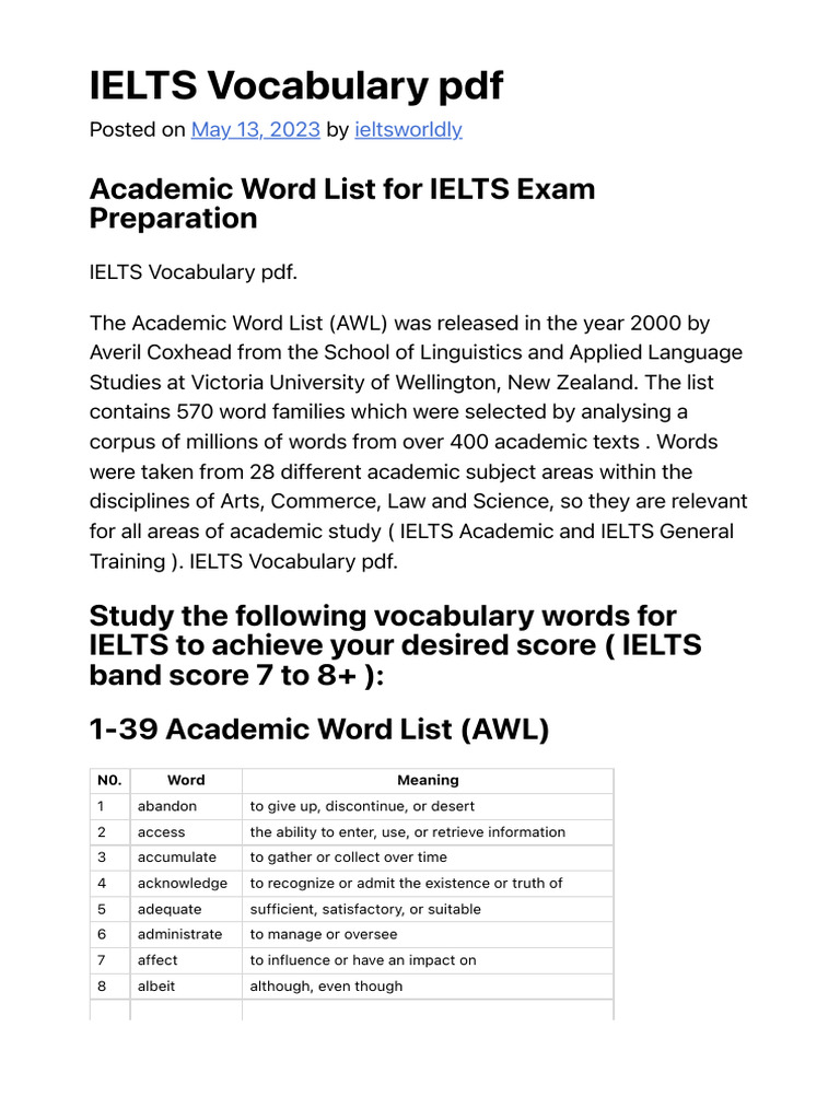 IELTS Vocabulary PDF - IELTS Worldly | PDF | Reason | Information