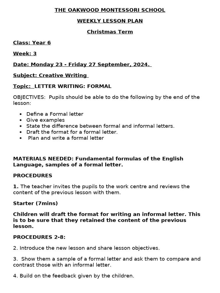 Year 6 Formal Letter Writing Plan | PDF | Human Communication