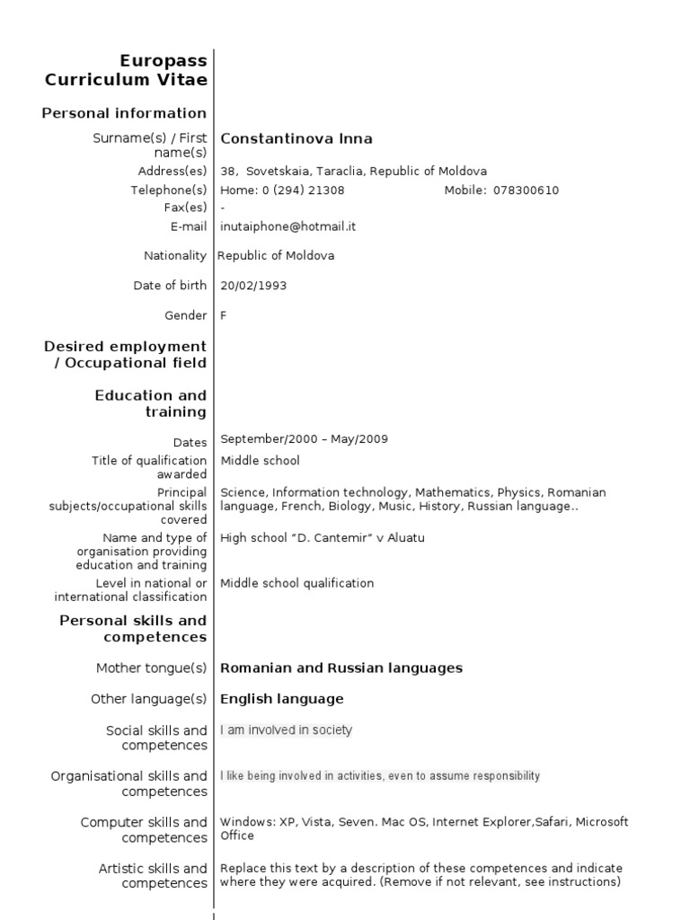 Europass CV Example for Inna Constantinova | PDF