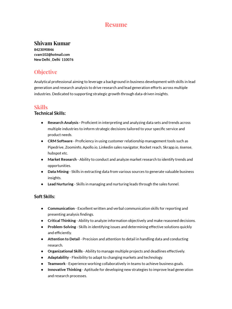 Business Development Resume: Shivam Kumar | PDF | Customer Relationship ...