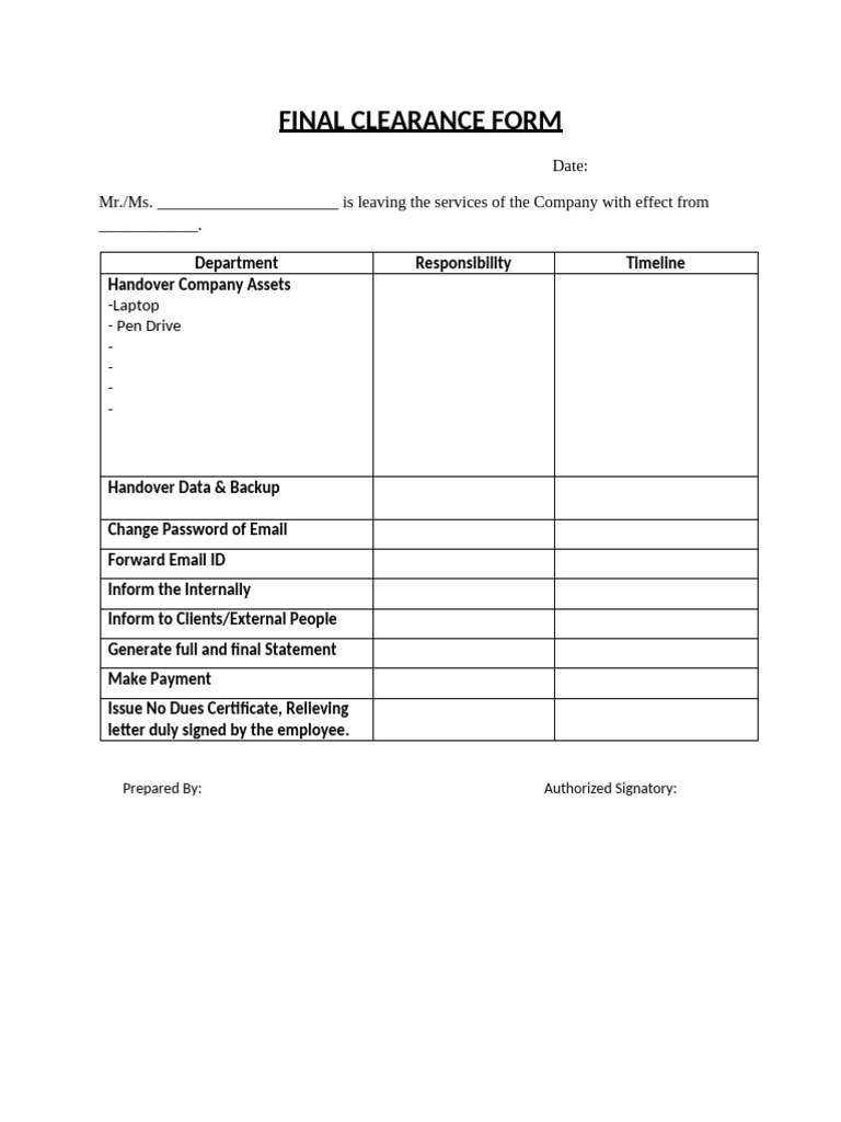 Final Clearance Form | PDF