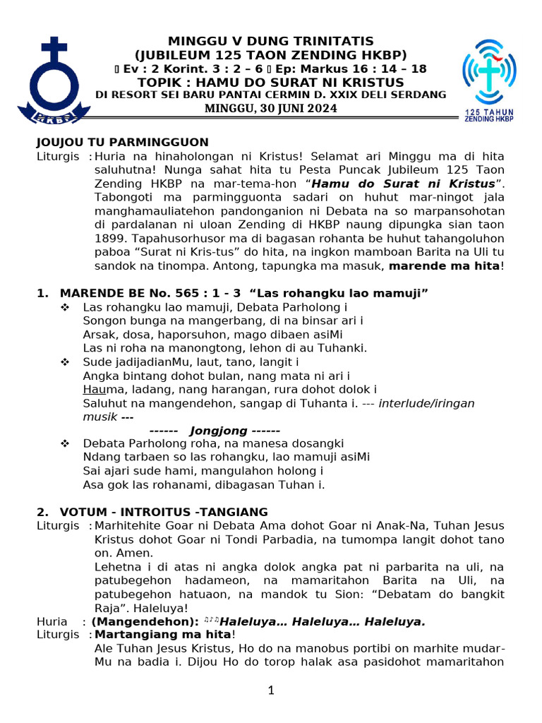 Minggu V Dung Trinitatis, 30 Juni 2024 Jubileum 125 Zending HKBP | PDF