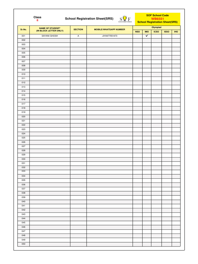 Class 8 School Registration Sheet | PDF