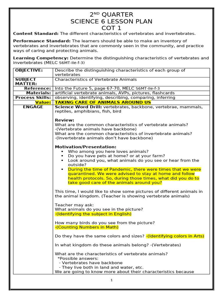 q2 Week 5, Day 1 Cot 2 Final | PDF | Reptile | Amphibian