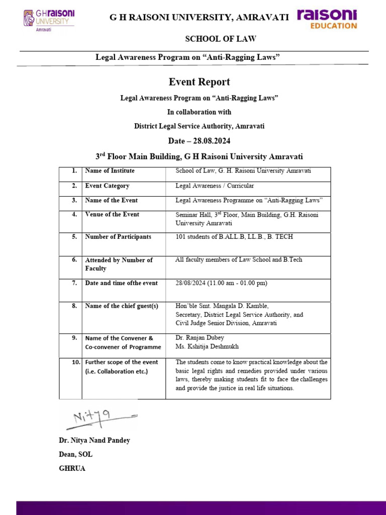 Anti-Ragging Laws Awareness Program Report | PDF | Justice | Crime ...