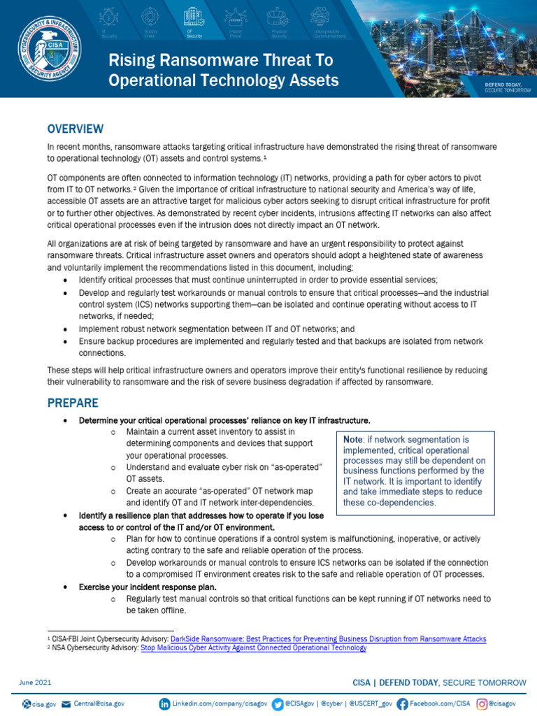 CISA Fact Sheet-Rising Ransomware Threat To OT Assets 508C | PDF ...