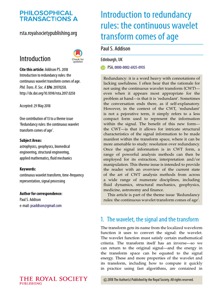Addison 2018 Introduction To Redundancy Rules The Continuous Wavelet ...