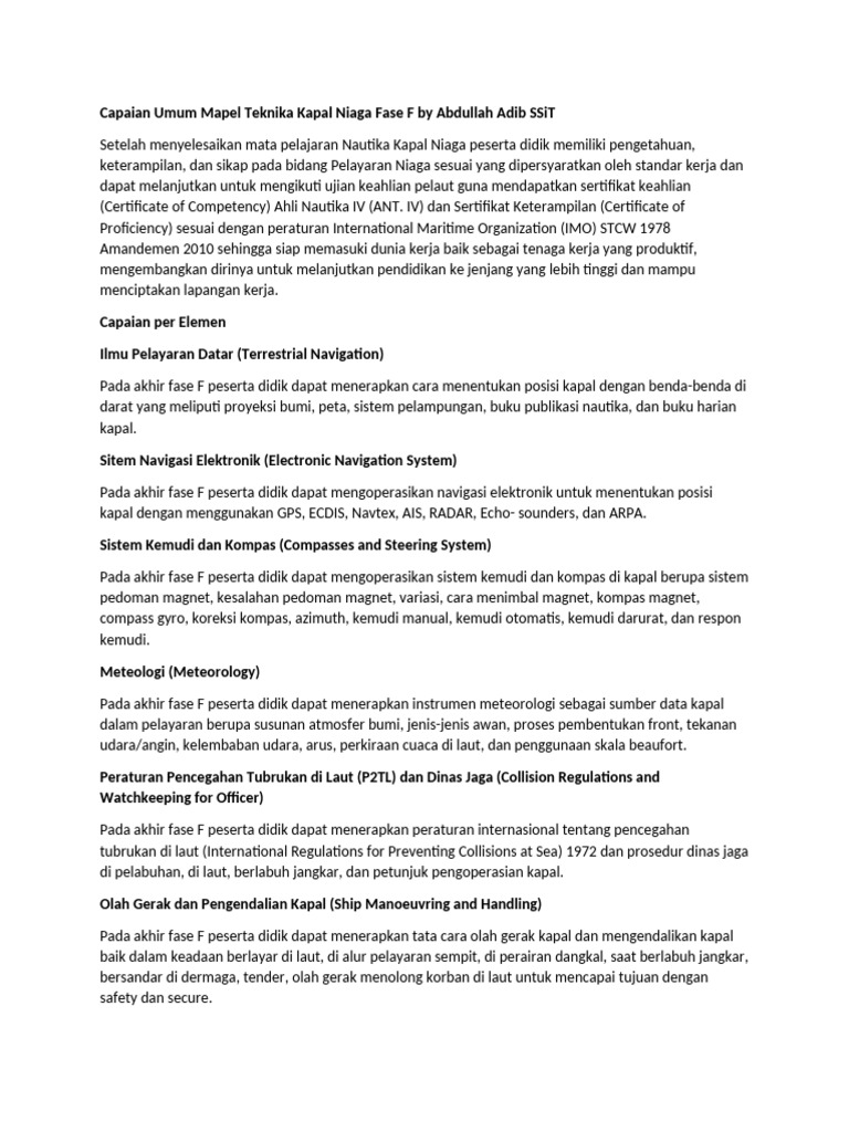 Capaian Umum Mapel Teknika Kapal Niaga Fase F by Abdullah Adib SSiT | PDF
