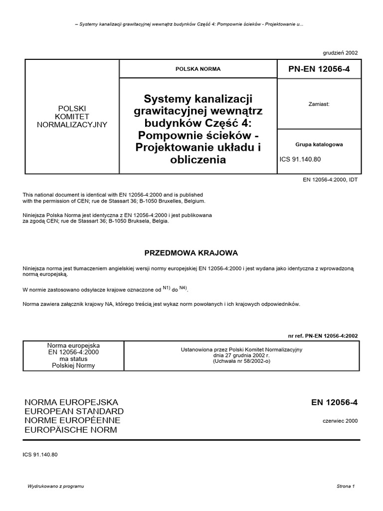 PN en 12056 4 Systemy Kanalizacji Grawitacyjnej Wewnątrz Budynków Część 4 Pompownie Ścieków Pro ...