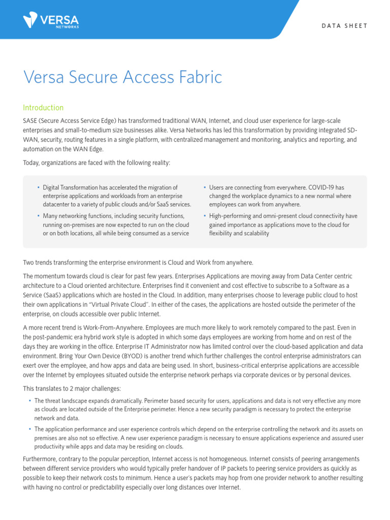 Versa Secure Access Fabric | PDF | Computer Network | Cloud Computing