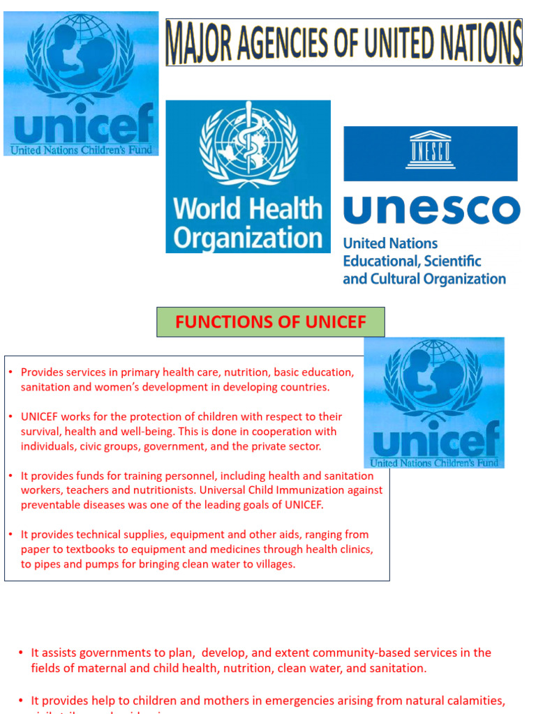 Functions of UNICEF, WHO, and UNESCO | PDF | World Health Organization ...
