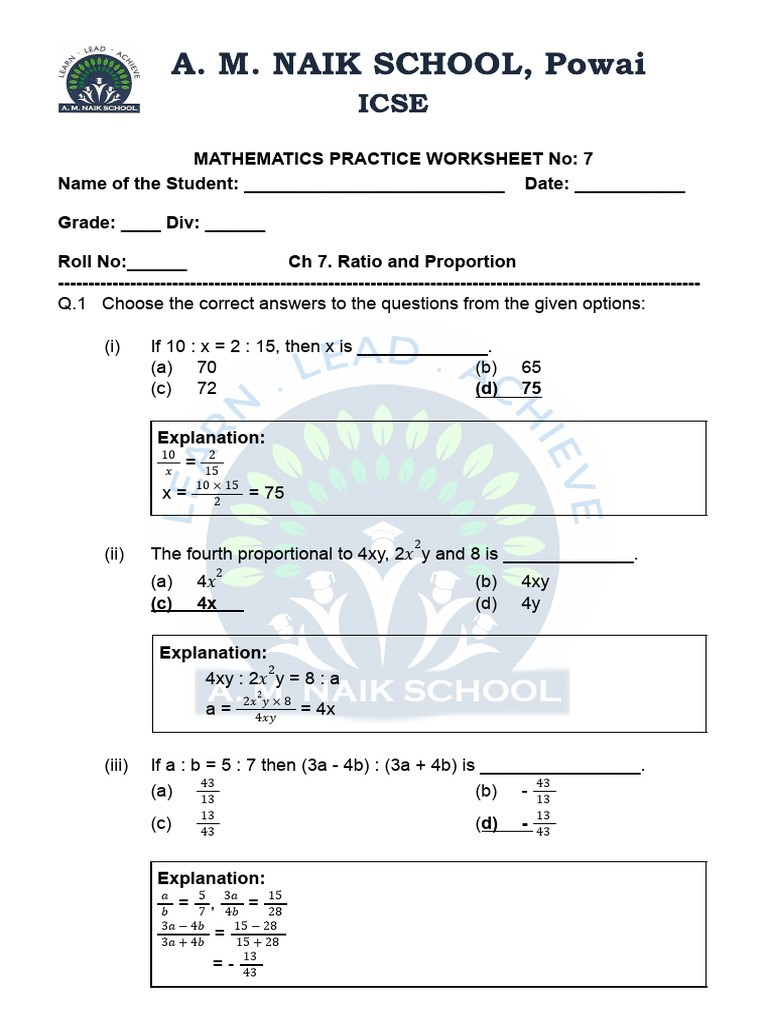 CH 7 Ratio and Proportion Answer Key Docx 1 | PDF | Mathematics