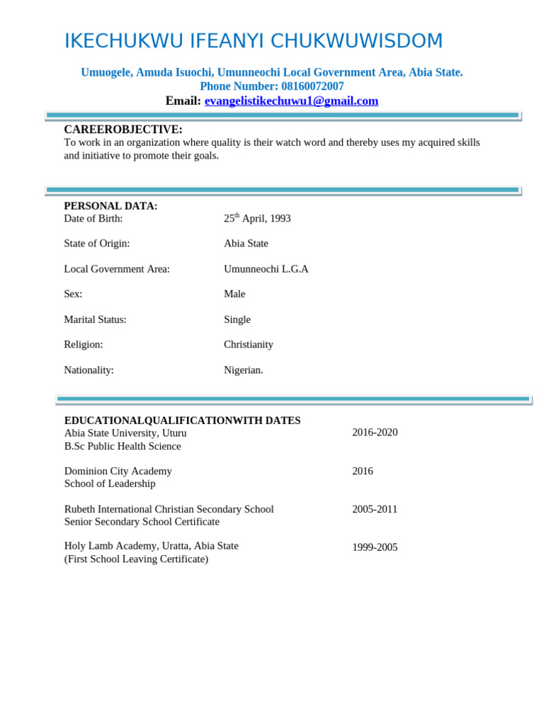 Curriculum Vitae For Ikechukwu Ifeanyichukwu Wisdom | PDF