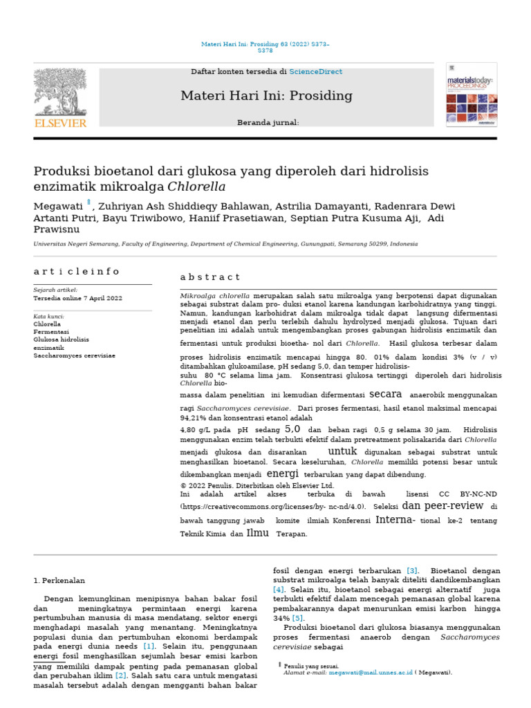 Produksi Bioetanol Dari Glukosa Yang Diperoleh Dari Hidrolisis Enzimatik Mikroalga Chlorella | PDF