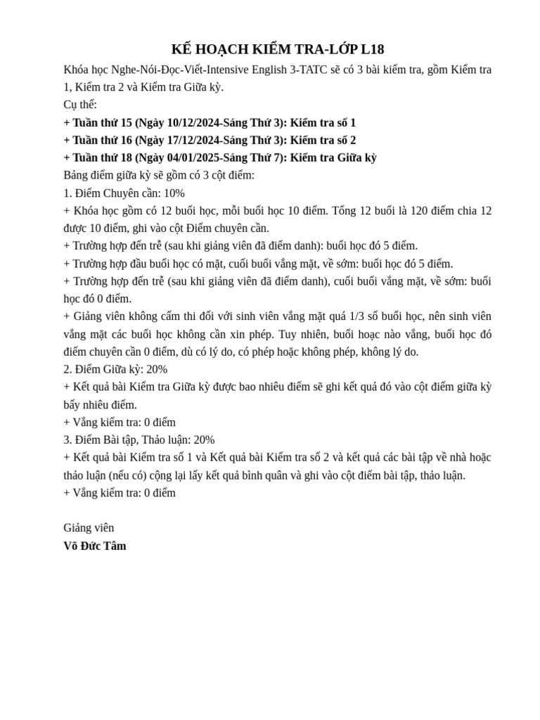 Káº HOáº CH KIá M TRA-Lá P INE4-L18 | PDF