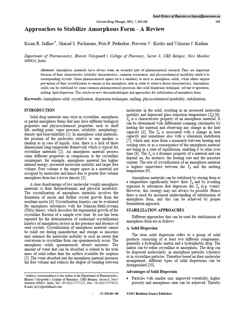 Approaches To Stabilize Amorphous Form - A Review | PDF | Solubility ...