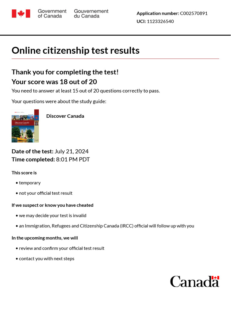 Canada Citizenship Test Results | PDF