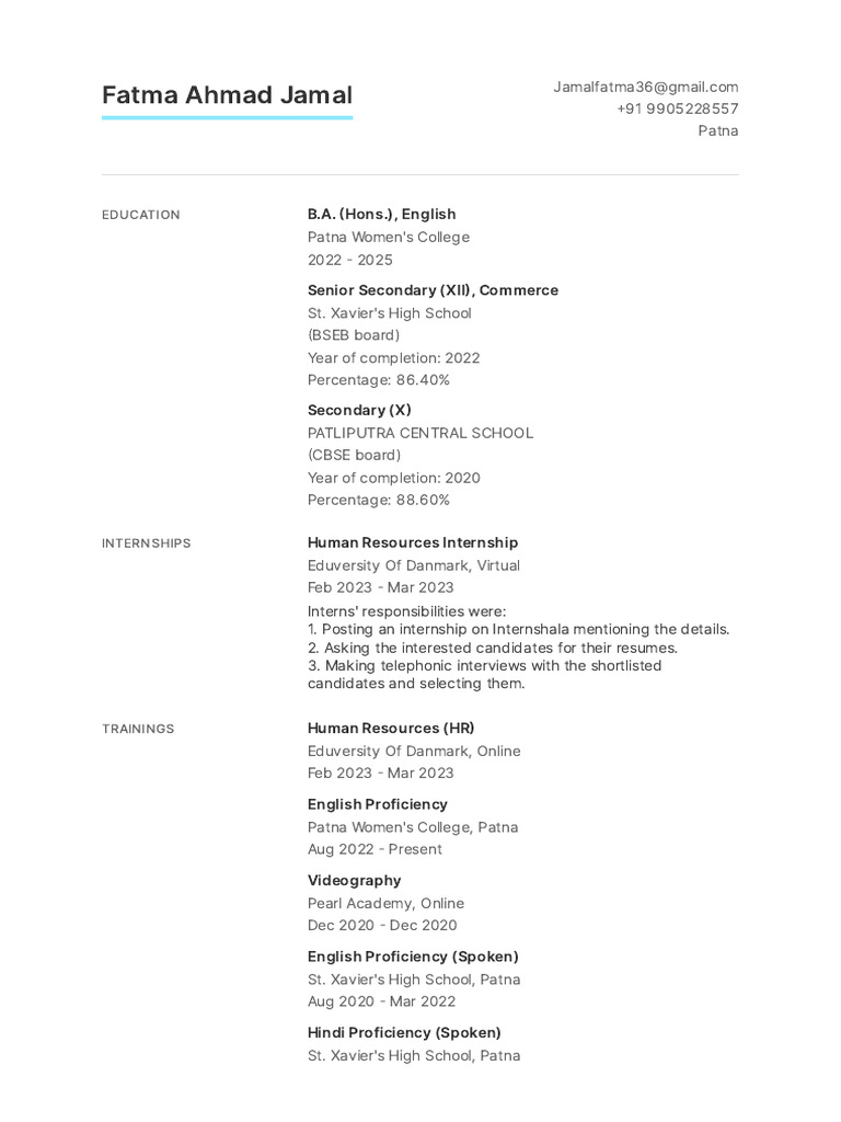FatmaJamal InternshalaResume | PDF | Qualifications