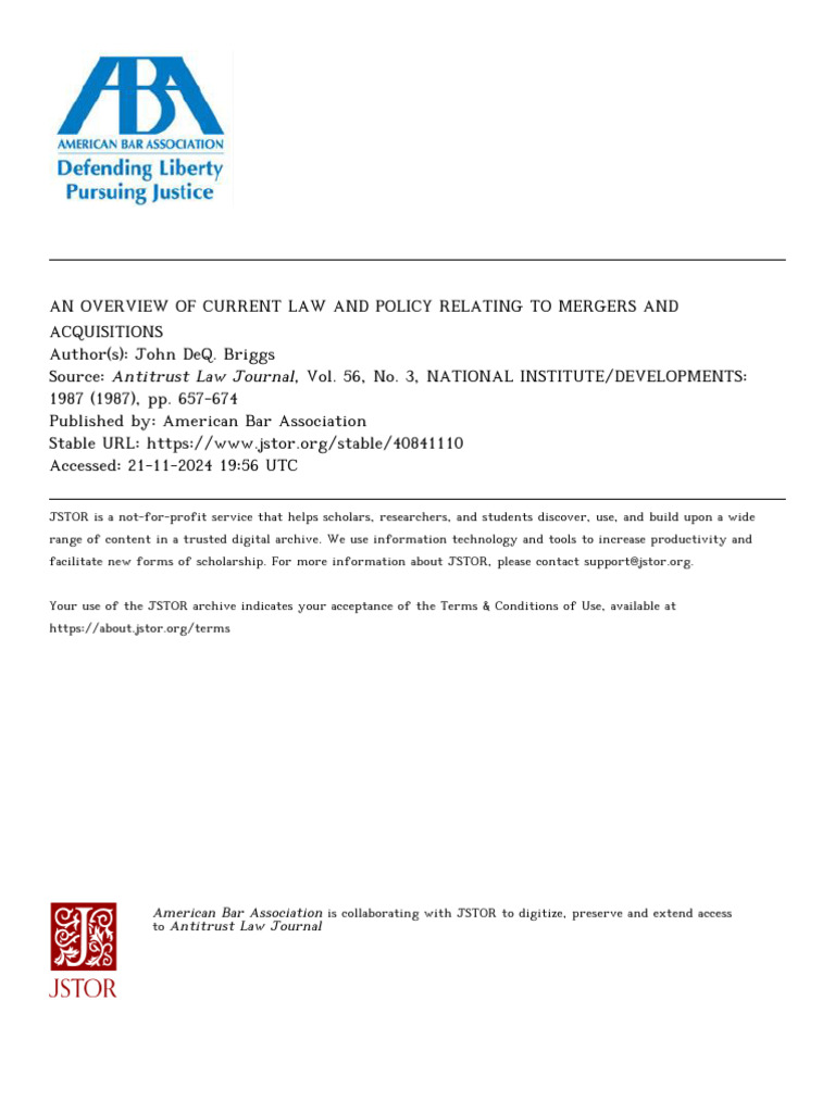 Briggs Overviewcurrentlaw 1987 | PDF | Mergers And Acquisitions | Market Power