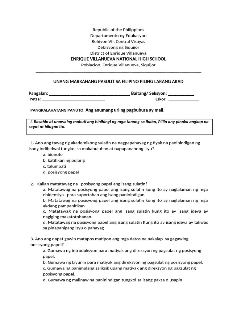 Piling Larang Akademik G12 - Q1 | PDF