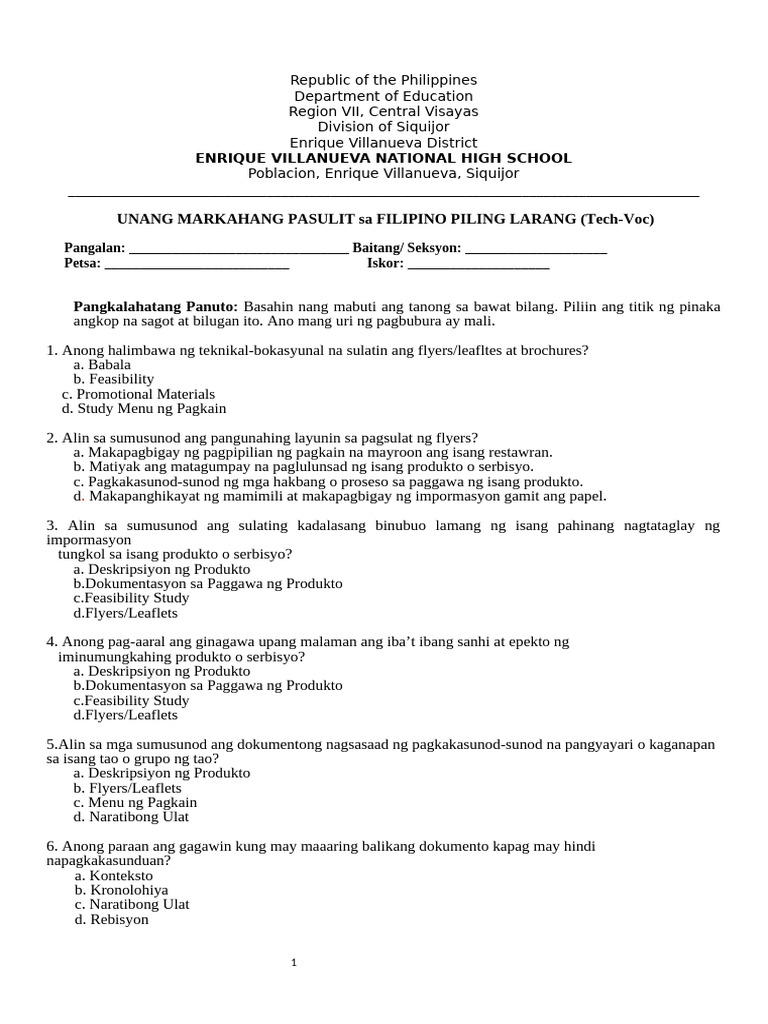 Piling Larang Tech Voc Final - G12 Q1 | PDF