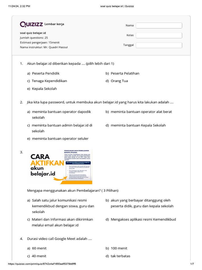 Soal Quiz Belajar - Id - Quizizz | PDF