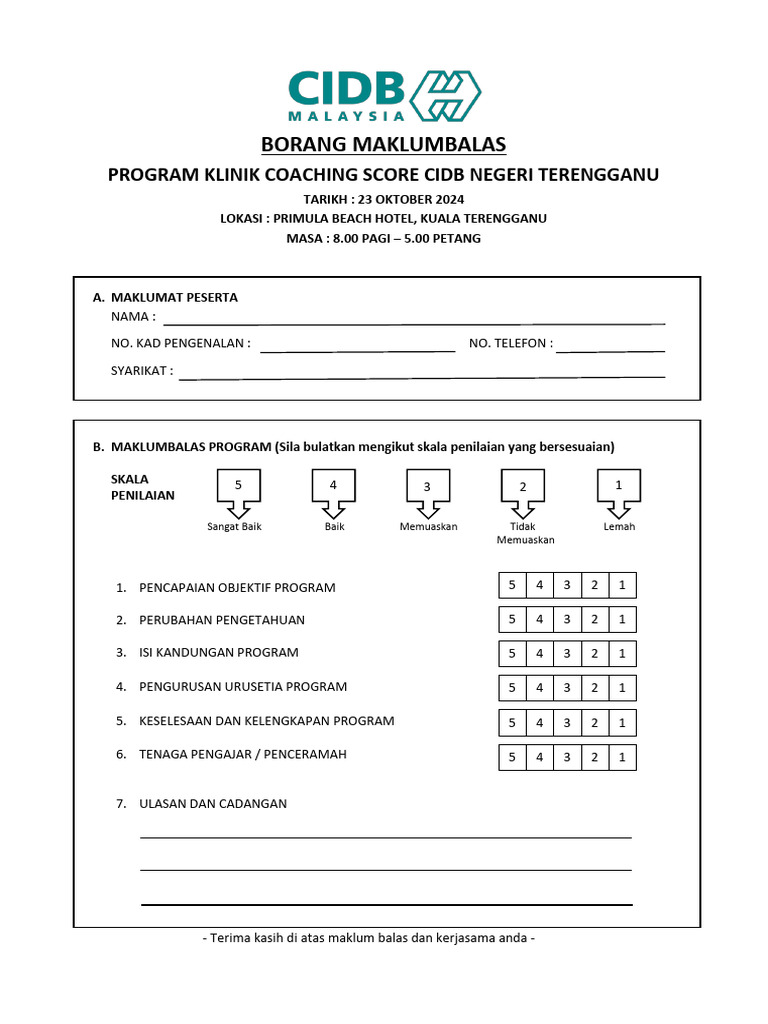 Borang Maklumbalas Coaching Score TRG | PDF