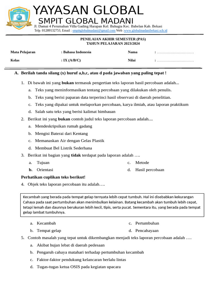 Soal Pas 1 Bahasa Indonesia KLS Ix (2023-2024) | PDF