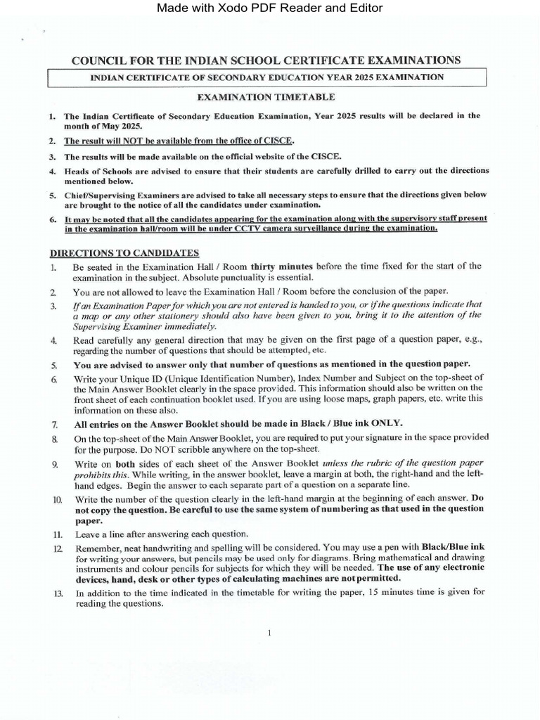 ICSE Timetable With Instructions | PDF