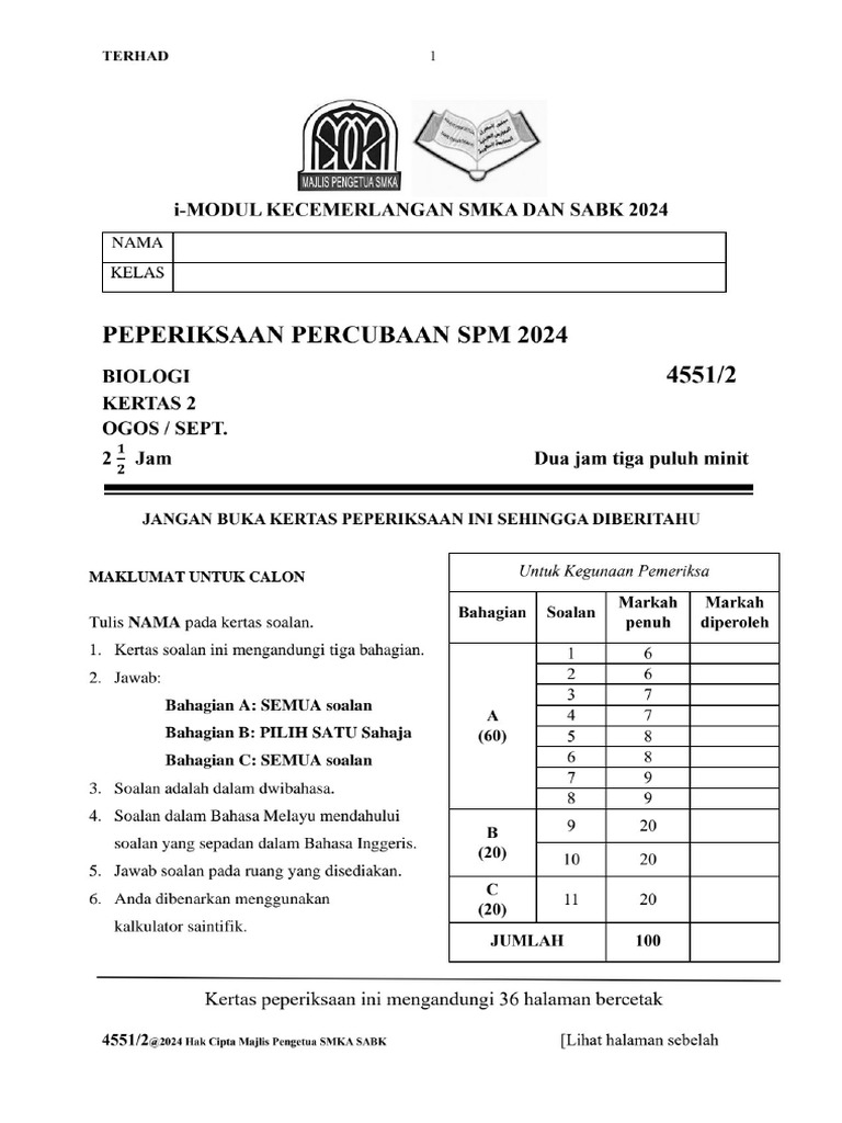 Trial K2 Biologi SPM 2024 - SMKA SABK | PDF