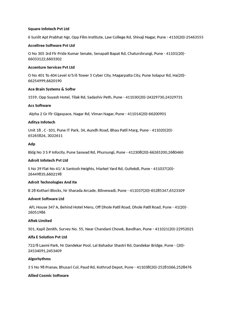 Pune Companies List | PDF