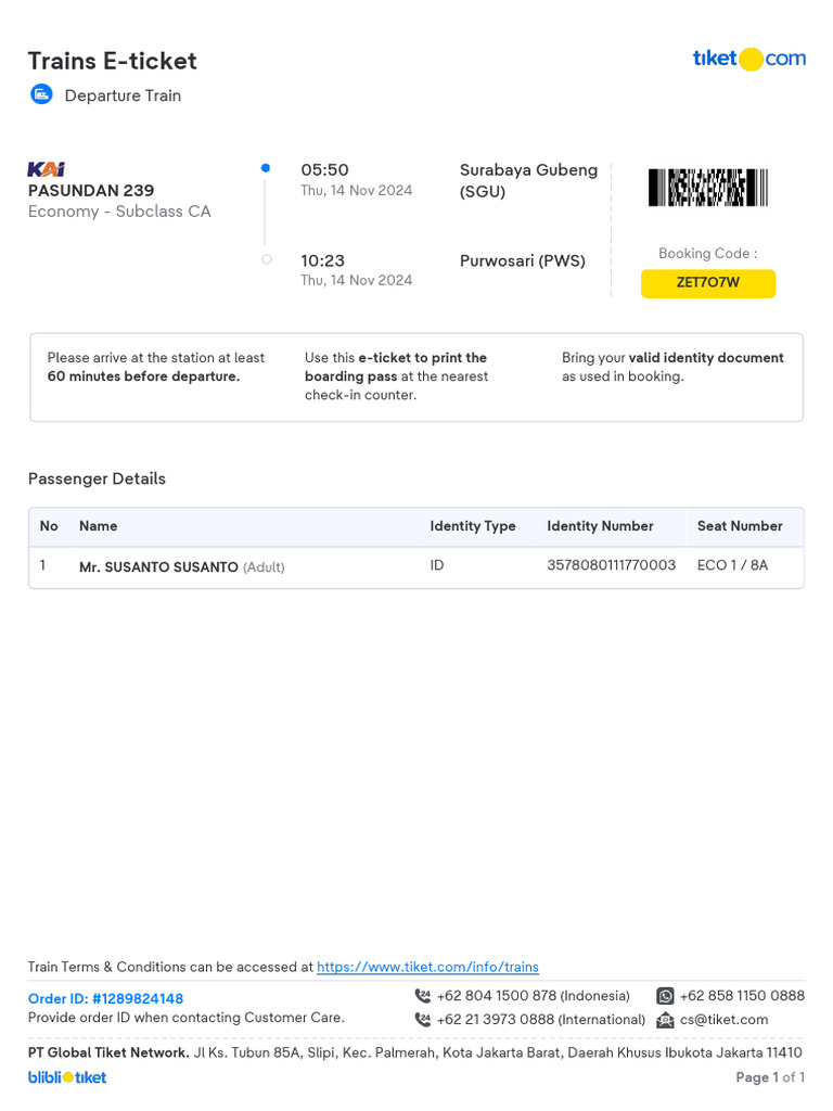 Train E-Ticket - Order ID 1289824148 - 1319654925 | PDF