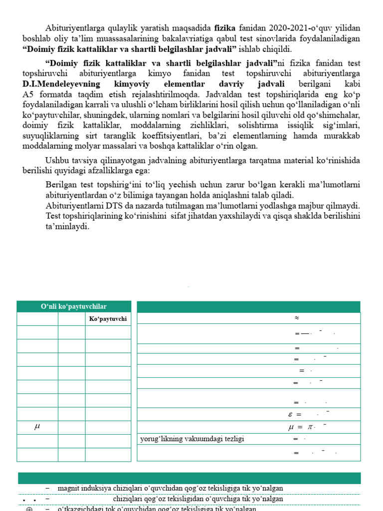 Fizika DTM Jadval | PDF