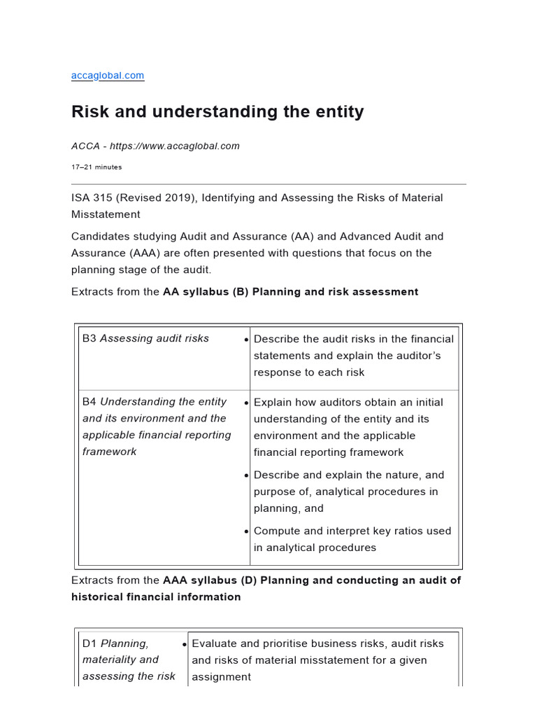 Risk and Understanding The Entity | PDF | Audit | Internal Control