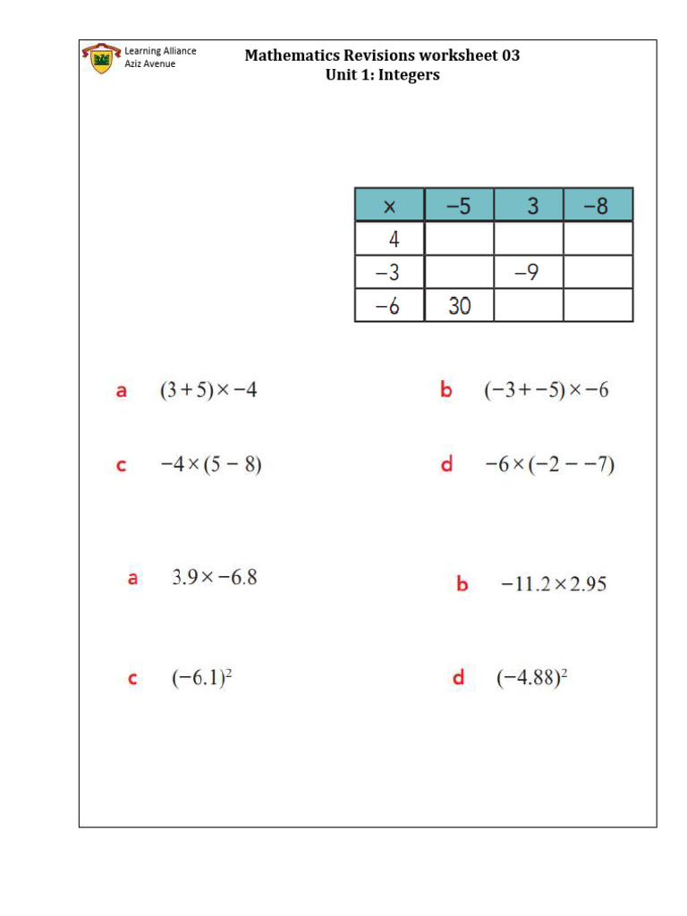 7 Maths Integers PracticeWorkshee t03 | PDF