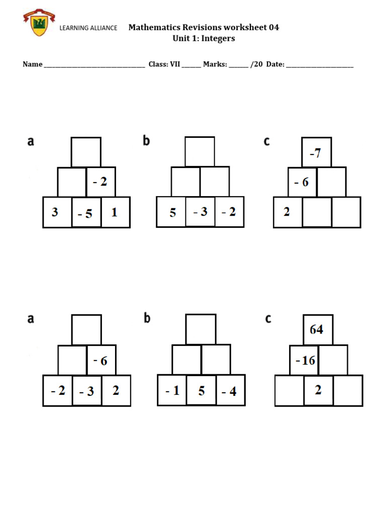 7 Maths Integers Revision Worksheet 04 | PDF