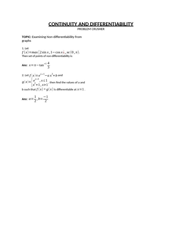 Continuity and Differentiability - Problem Crusher | PDF