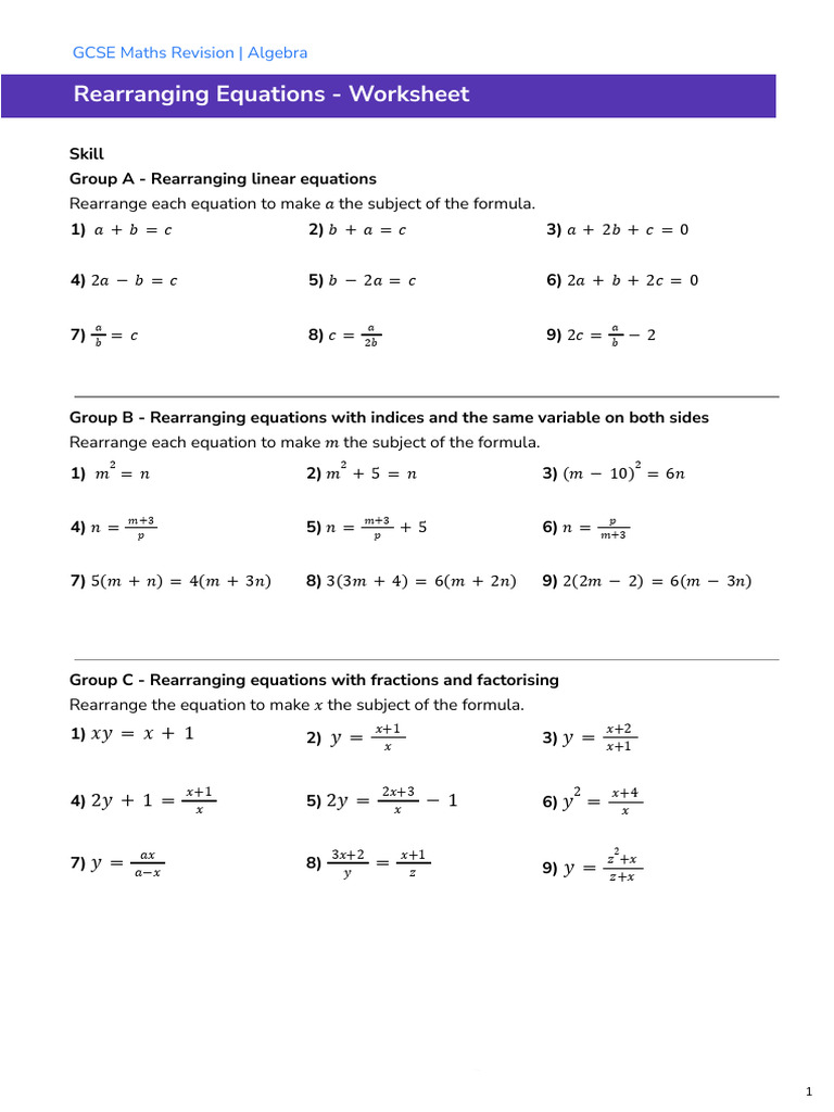 Rearranging Formulas Worksheet